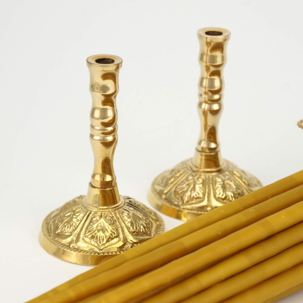 Set of 2 Single Brass Candle Holders and 20 Beeswax Church Candles ...