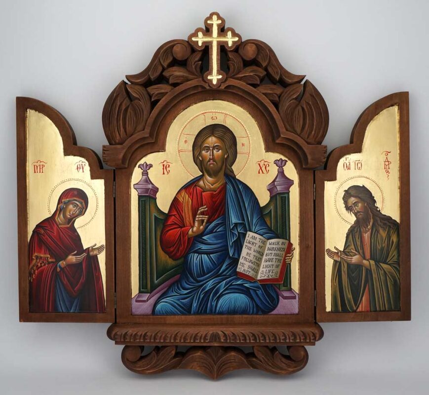Deesis Hand-Painted Triptych Icon on Carved Wood - BlessedMart