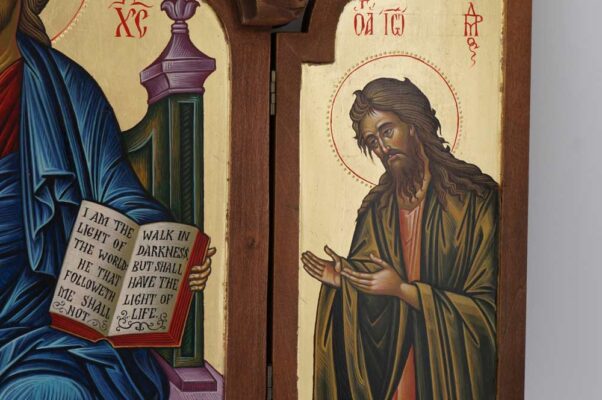 Deesis Hand-Painted Triptych Icon on Carved Wood - BlessedMart