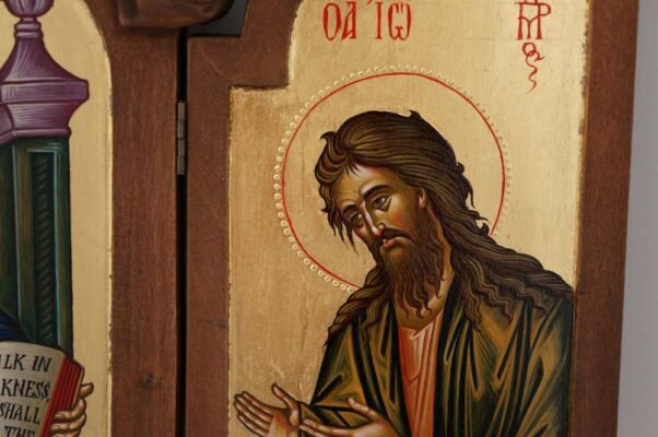 Deesis Hand-Painted Triptych Icon on Carved Wood - BlessedMart