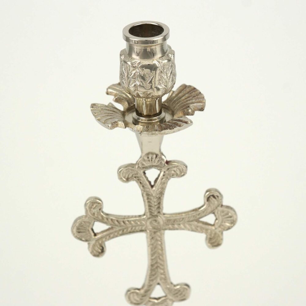 Cross Design Engraved Nickel-Plated Candlestick - BlessedMart