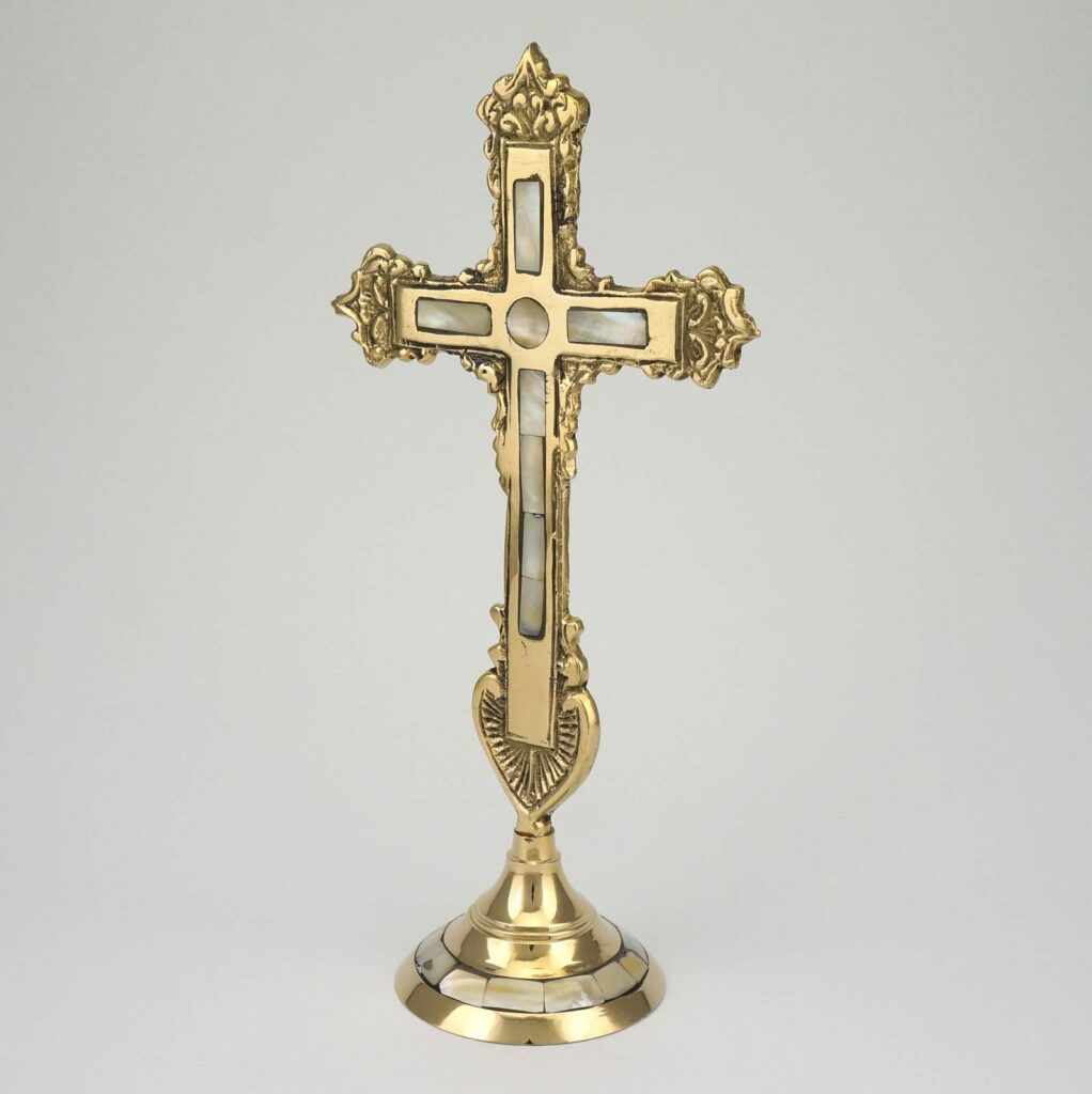 Deluxe Brass Standing Cross with Mother Of Pearl Inlay - BlessedMart