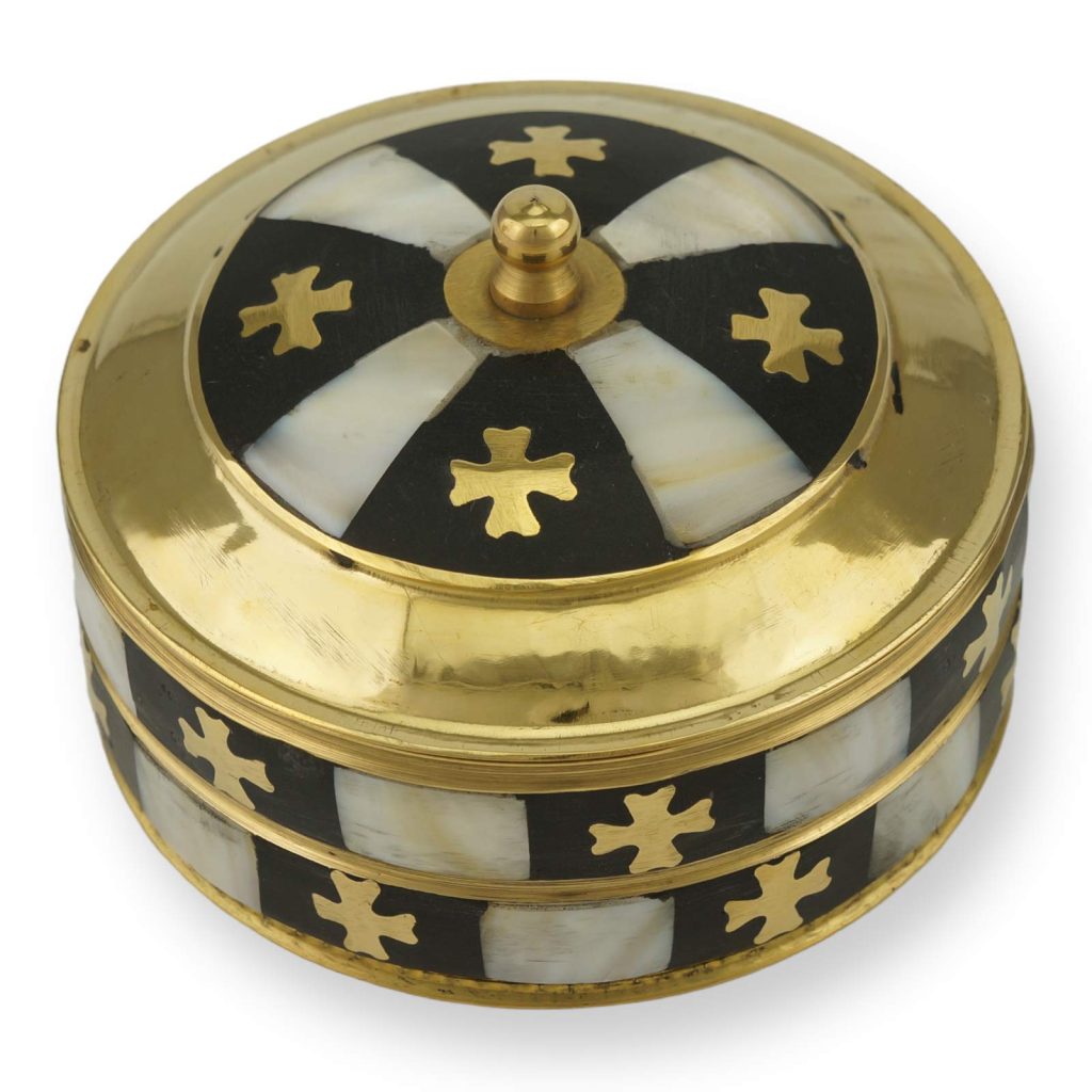 Round Brass Incense box with Cross Detailing